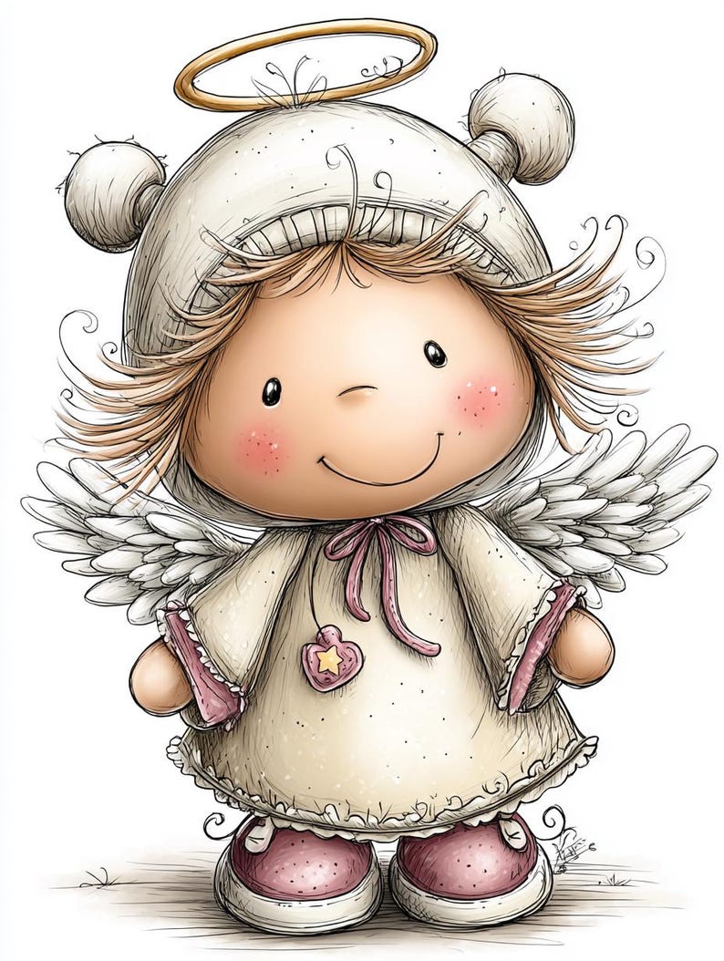 Sweet Angel Illustration, Gentle Pastel Angel With Halo and Stars ...