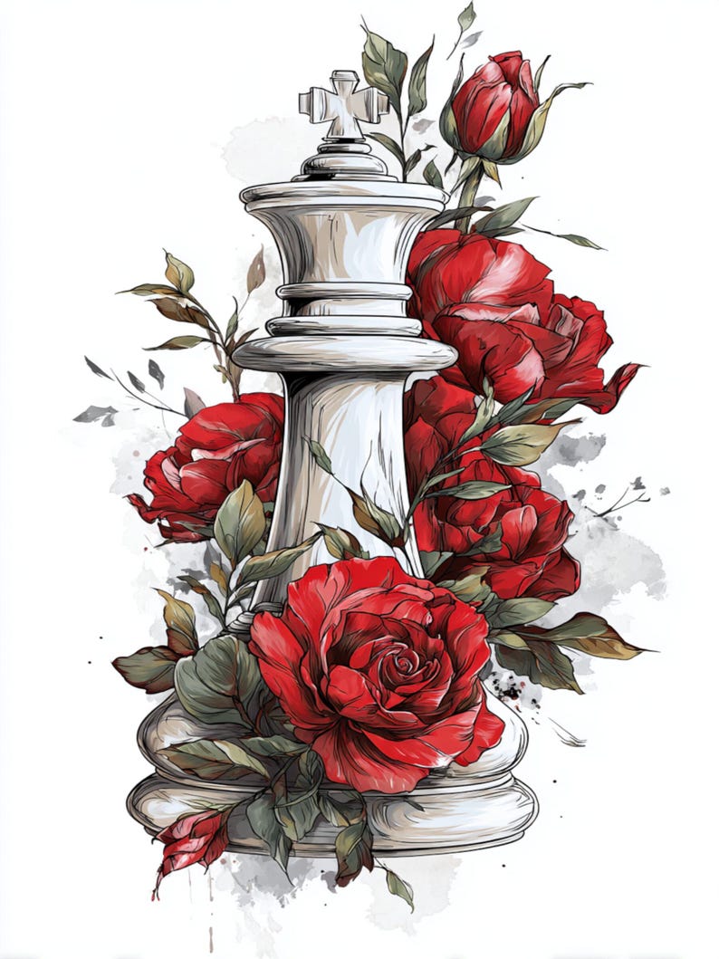 Chess King Art, Rose Ink Art, Red Roses Print, Crown Sketch, Regal ...