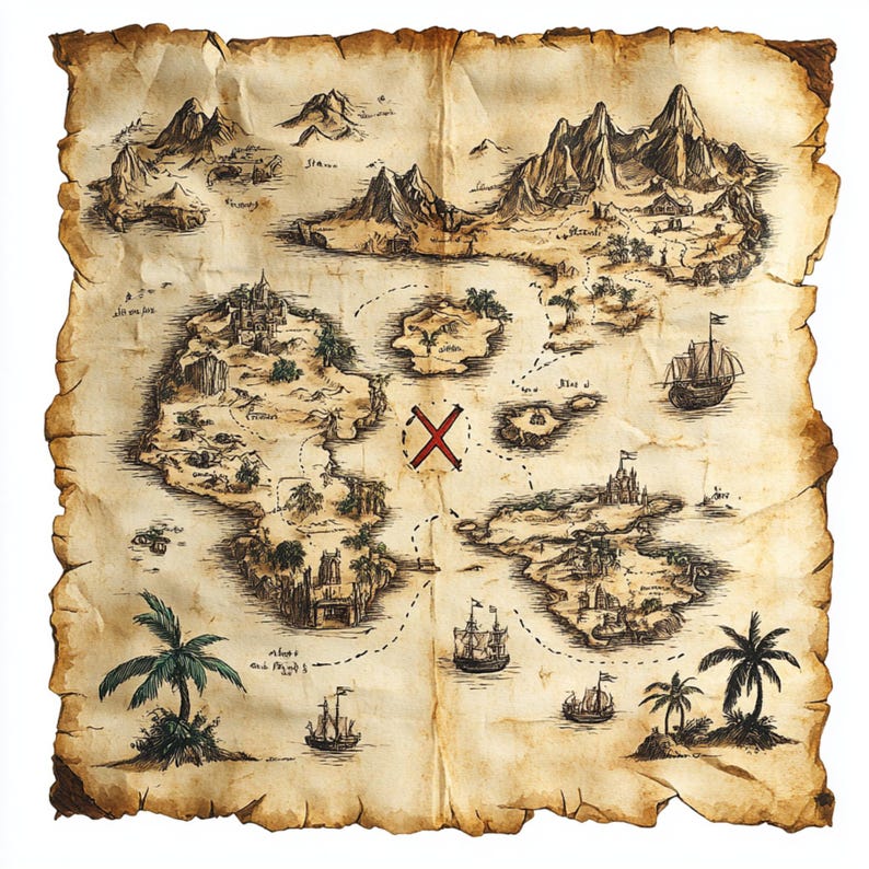 Treasure Map, Pirate Map, Old Map Art, X Marks Map, Vintage Map ...
