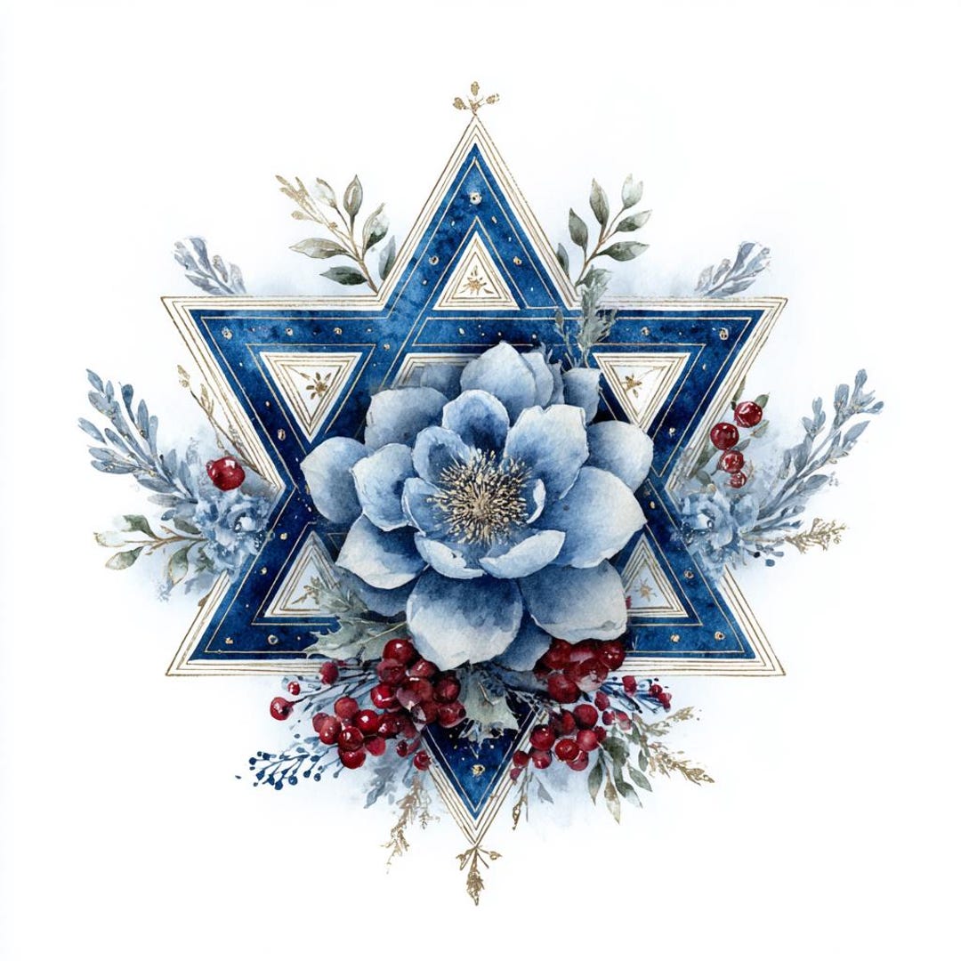 Star of David Art, Hanukkah Decor, Jewish Artwork, Blue Floral Art ...