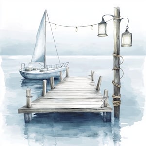 Dock Scene, Sailboat Art, Cozy Marina, Seaside Dock, Watercolor Pier ...