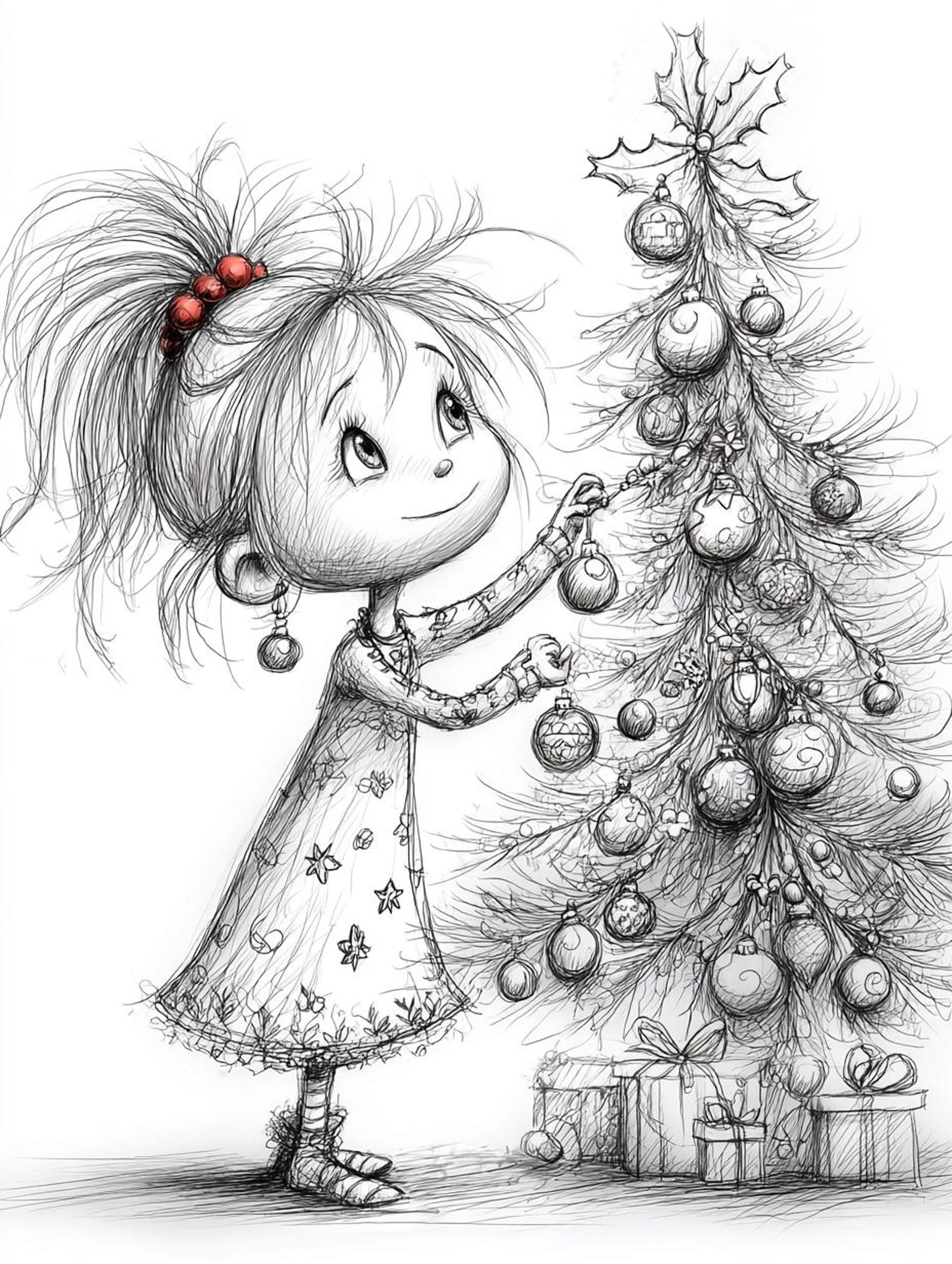 Christmas Tree Girls, Sketch Style, Holiday Clipart, Cute Girl With ...