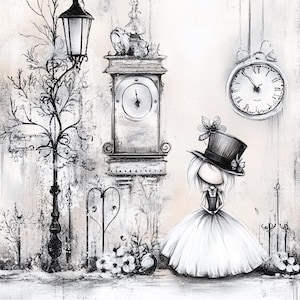 Vintage Clock, Girl Sketch, Butterfly Art, Dreamy Scene, Black White ...
