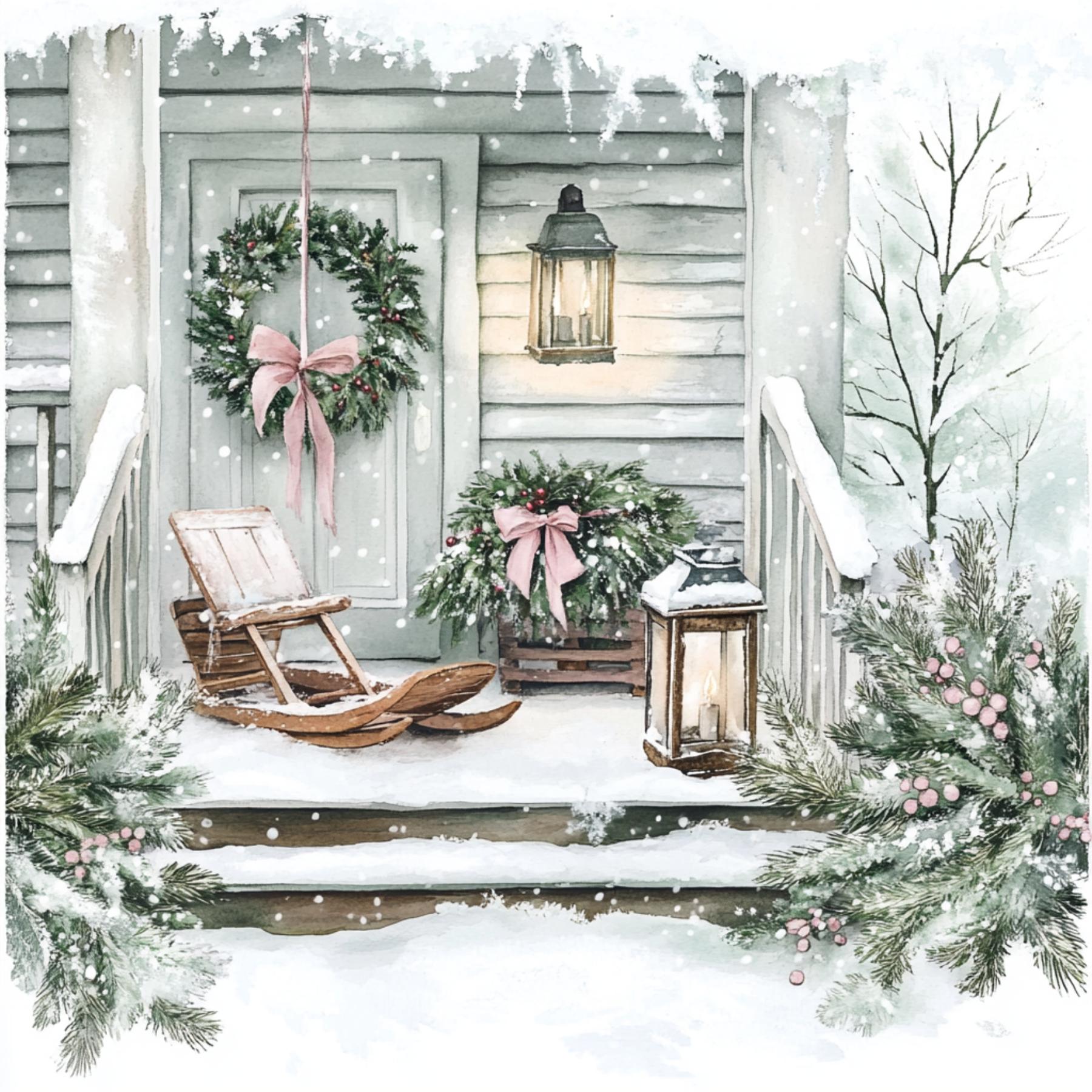 Snowy Porch, Winter Door, Xmas Porch, Rustic Sled, Wreath Art, Snow ...