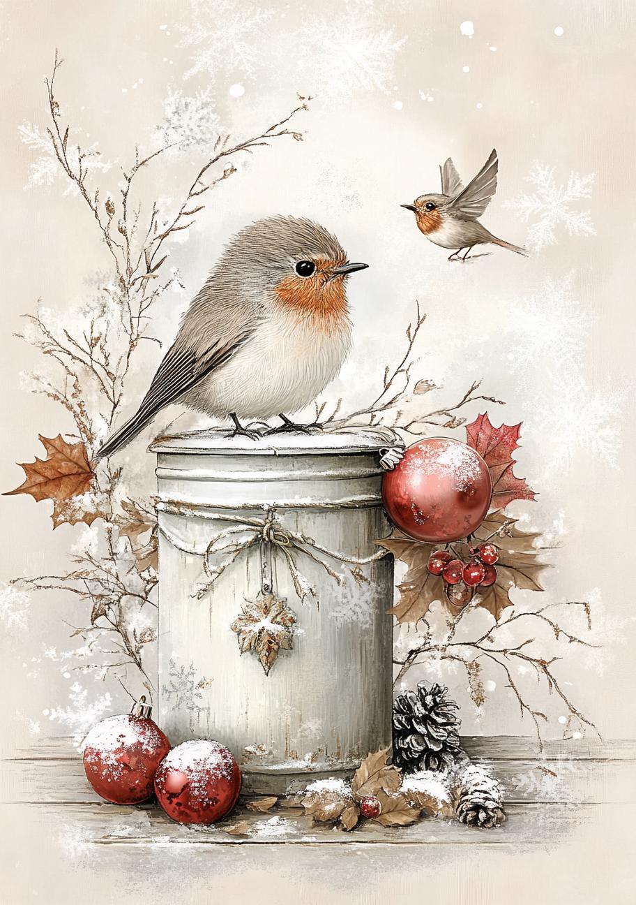 Frosted Robin, Winter Berries, Christmas Art, Holiday Wall Decor, Snow ...