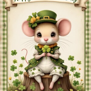 St Patricks Day Mouse, Cute Mouse Clipart, Lucky Clover, Whimsical ...