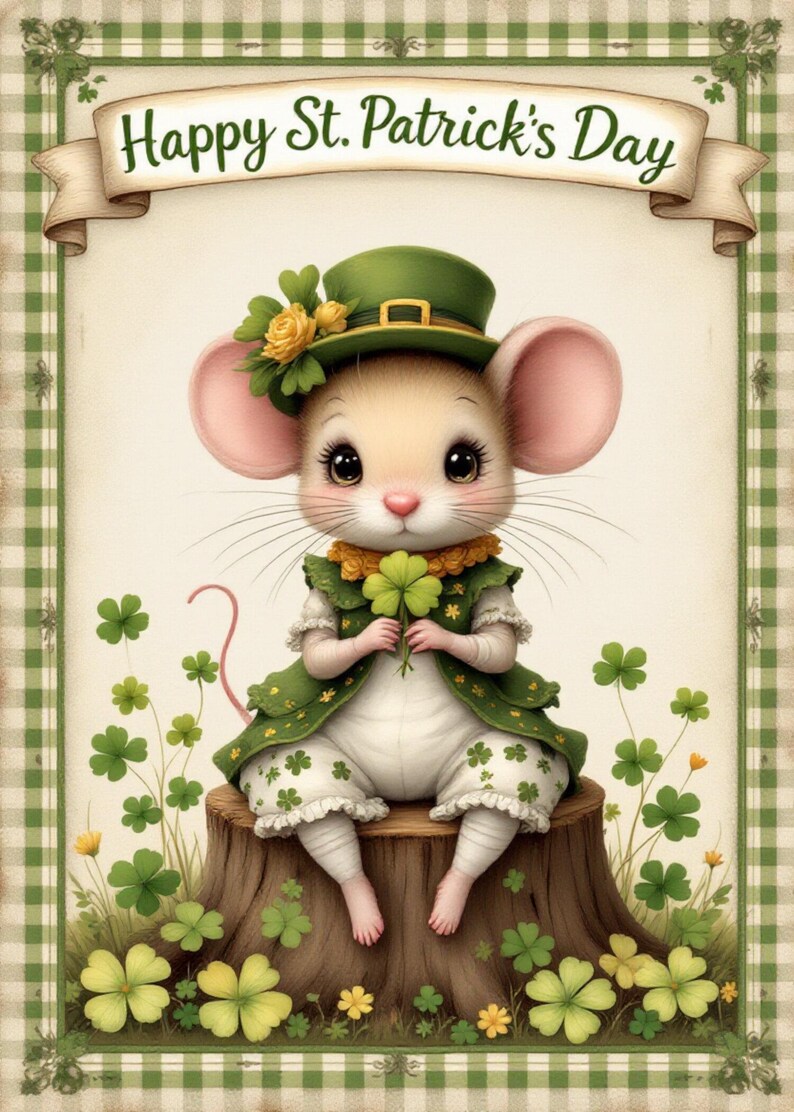St Patricks Day Mouse, Cute Mouse Clipart, Lucky Clover, Whimsical ...