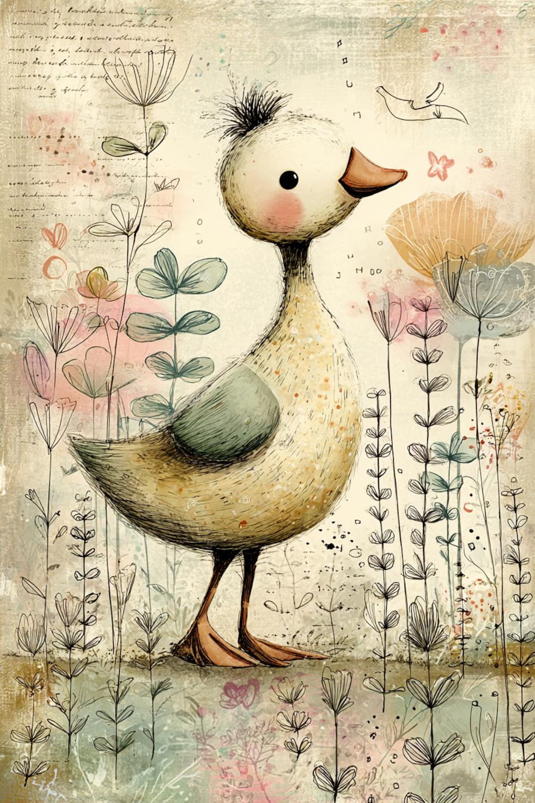 Duckling Art, Cute Duck Print, Nursery Wall Art, Vintage Duck, Floral ...