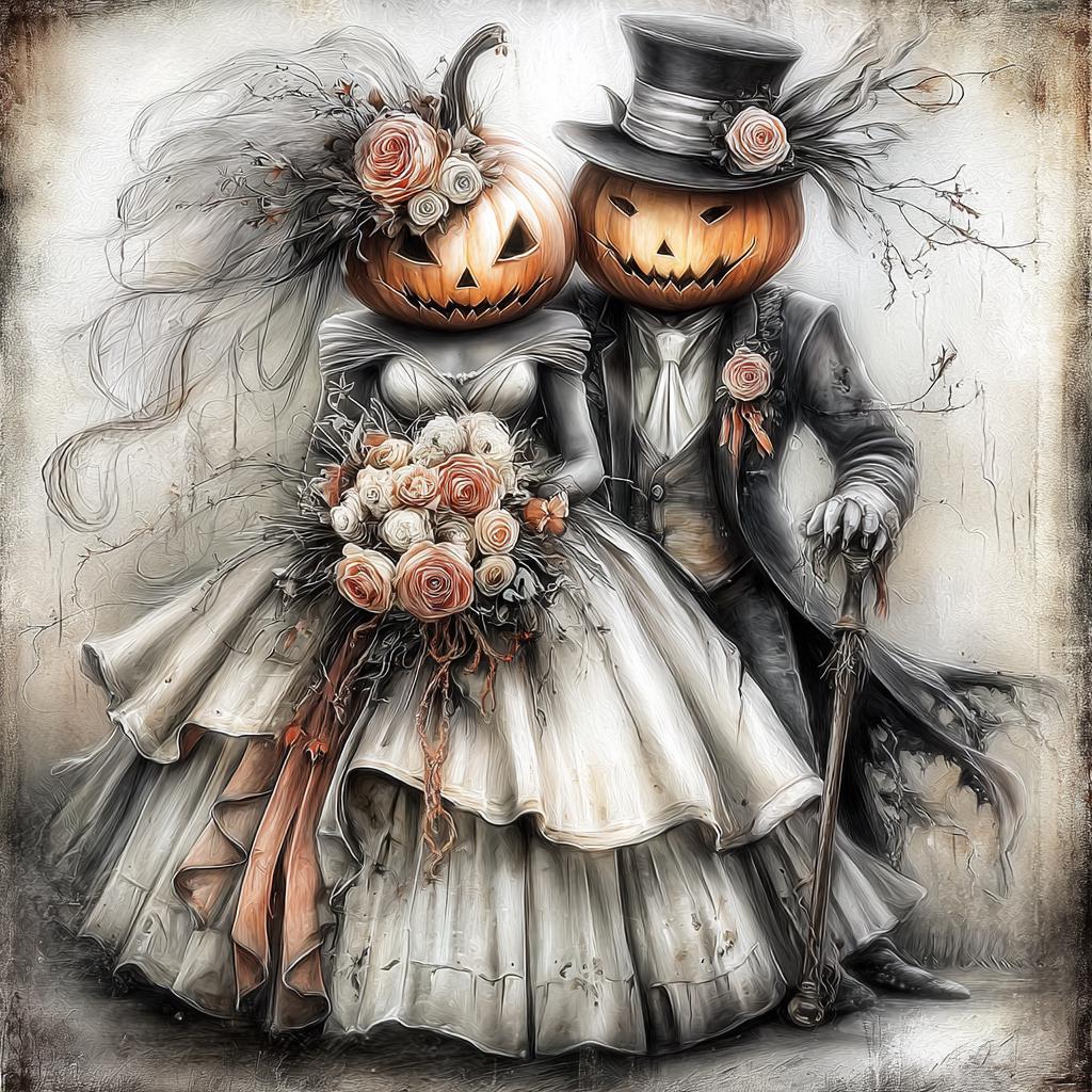 Halloween Couple, Gothic Wedding, Spooky Bride, Pumpkin Groom, Skeleton ...