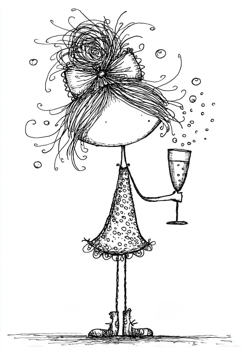 Bubbly Girl, Whimsical Doodle Lady, Champagne Toast Sketch, Playful ...