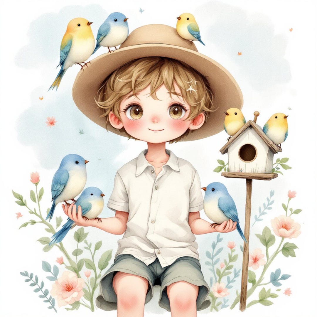 Roberto, the Bird Whisperer, Whimsical Clipart, Cute Clipart, Young ...