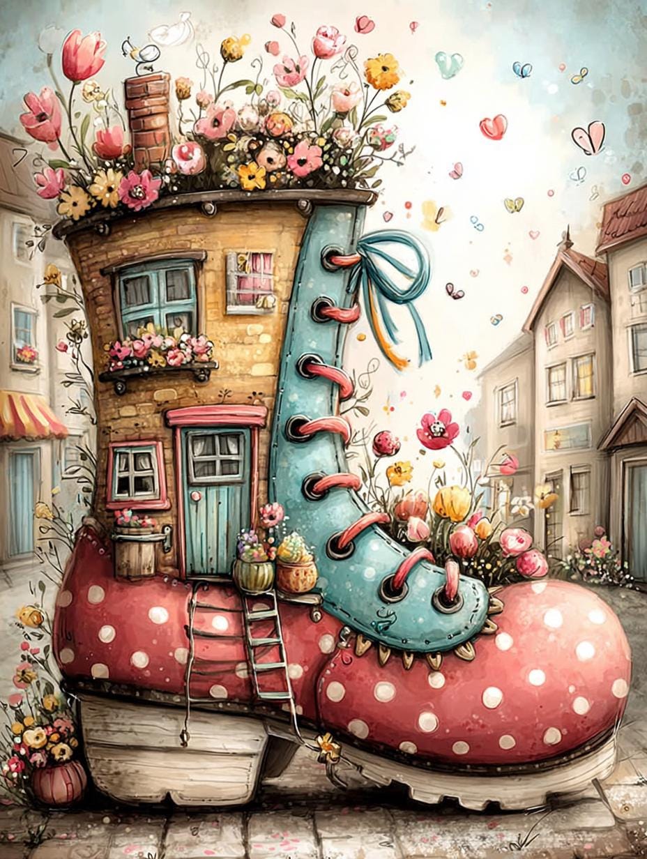 Whimsical Shoe House With Flowers – Hand-painted Fairytale Illustration ...