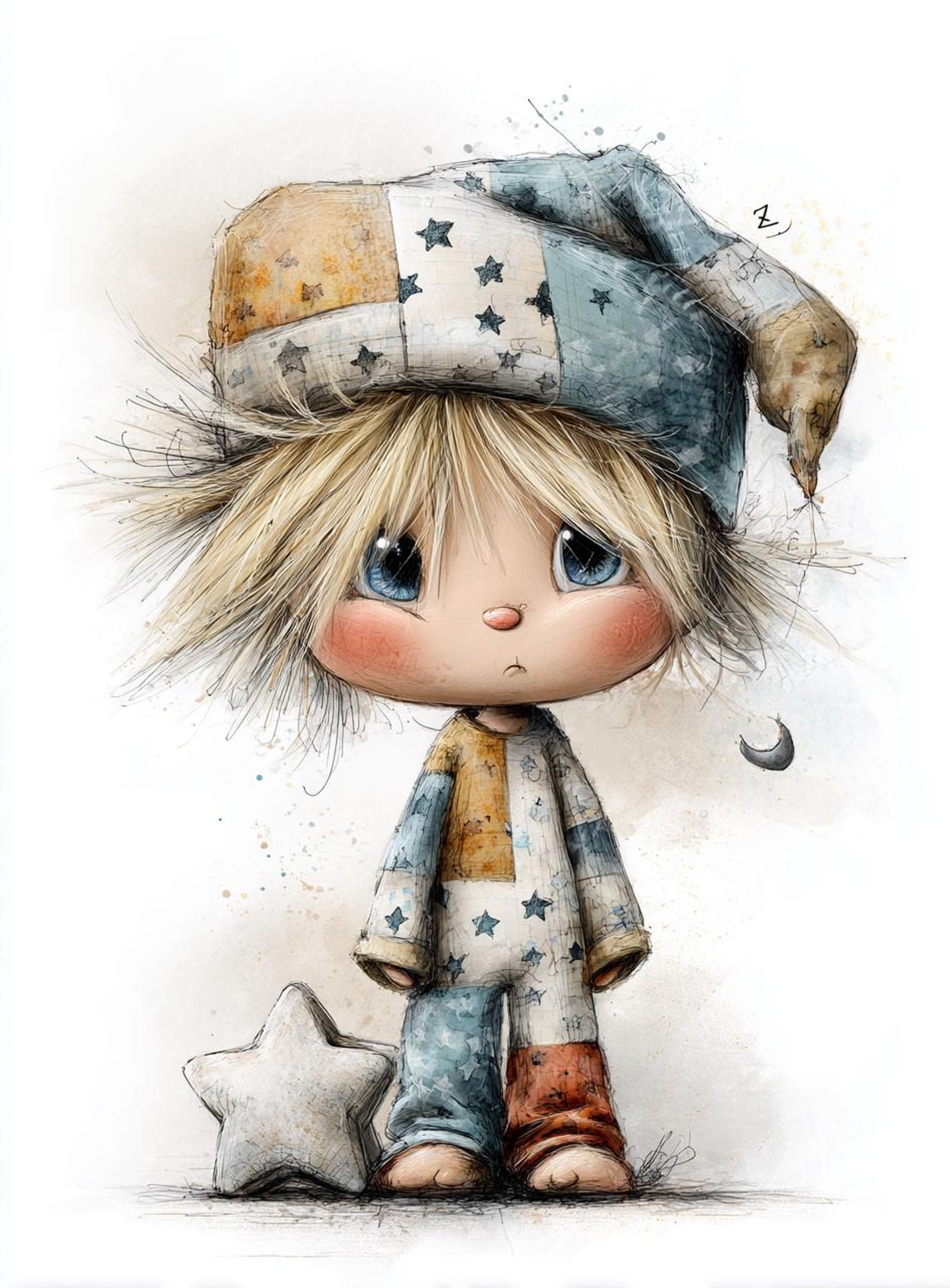Patchy Pajamas Boy, Whimsical Bedtime Art, Pajama Doll Clipart, Cute ...