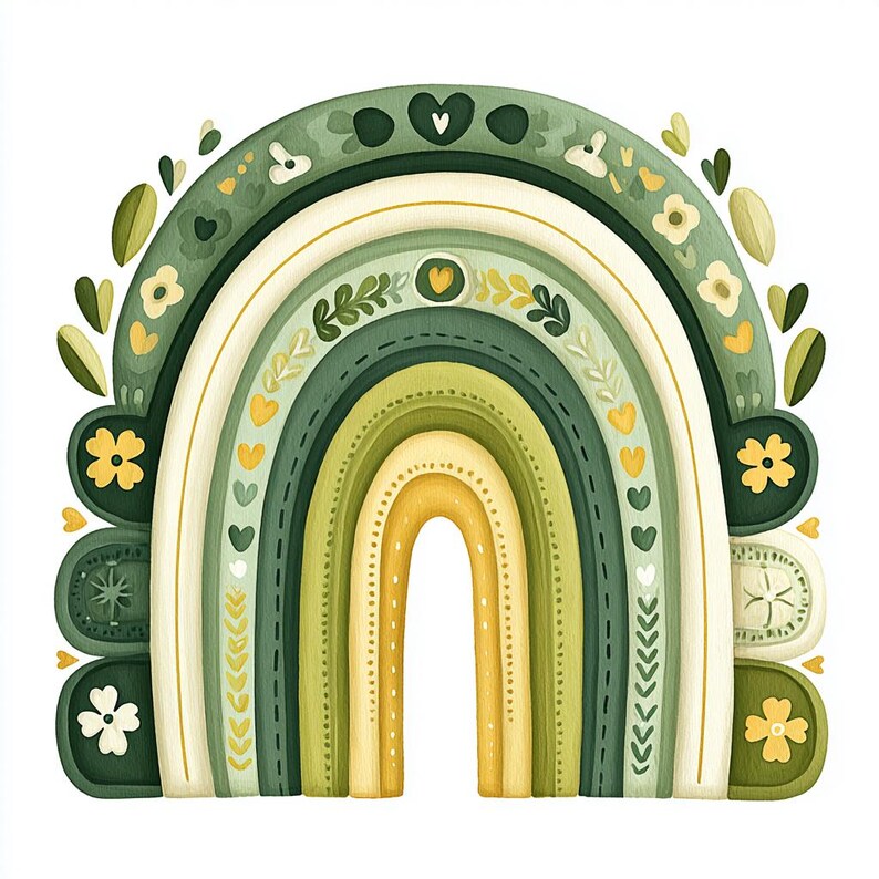 St Patricks Day CLIPART, Boho Rainbow Arches With Clover Florals, Sage ...