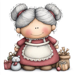 Cute Weeble-style Mrs. Claus Illustration in Red Dress With Apron and ...