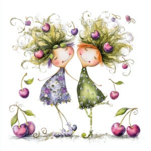 Cherry Blossom Friends, Cherry Girls Art, Cute Fruit Art, Whimsical ...