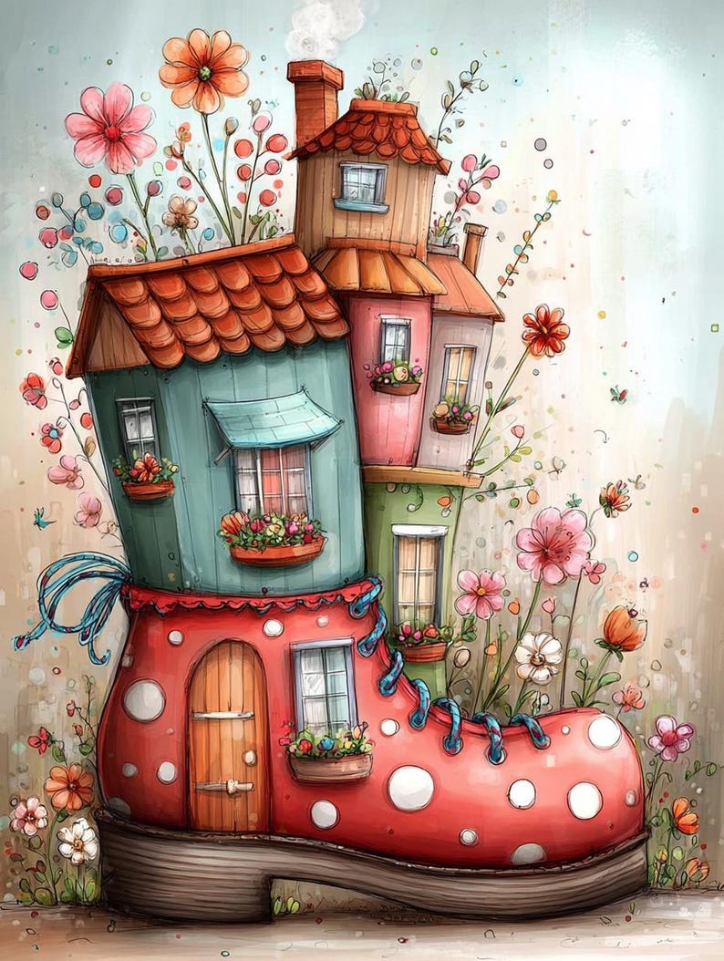 Whimsical Shoe House With Flowers – Hand-painted Fairytale Illustration ...