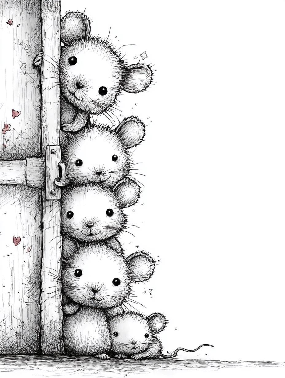 Whimsical Mouse PNG Set, Cute Peeking Mice Line Art, Hand-drawn Sketch ...