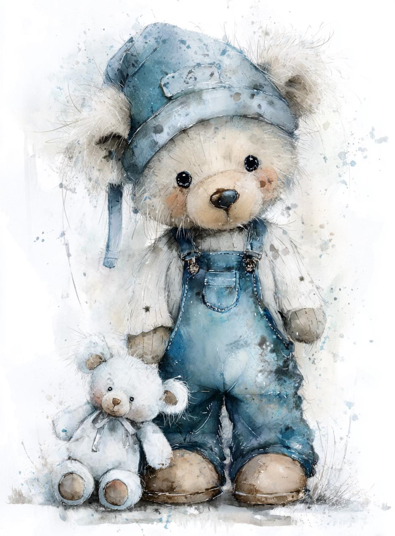 Blue Bears, Watercolor Teddy Clipart, Boy Bear in Overalls, Cap Wearing ...