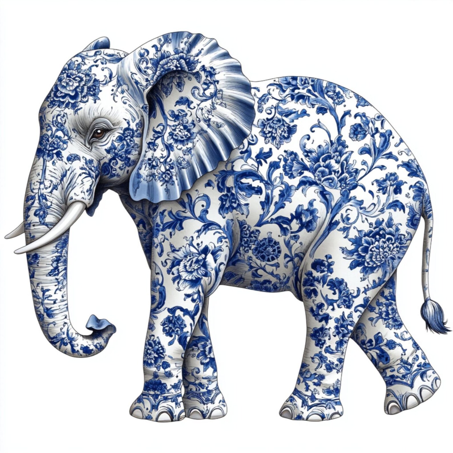 Blue Porcelain Art, Delft Elephant, Floral Ceramic, Indigo Animal Art ...