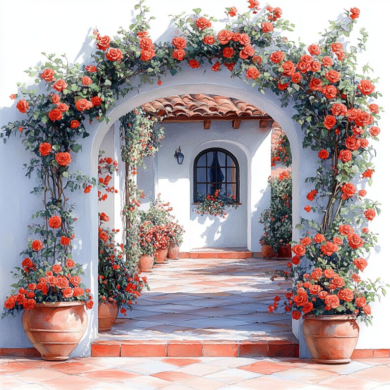 Italian Courtyard, Villa Wall Art, Garden Arch Art, Patio Print, Tuscan ...