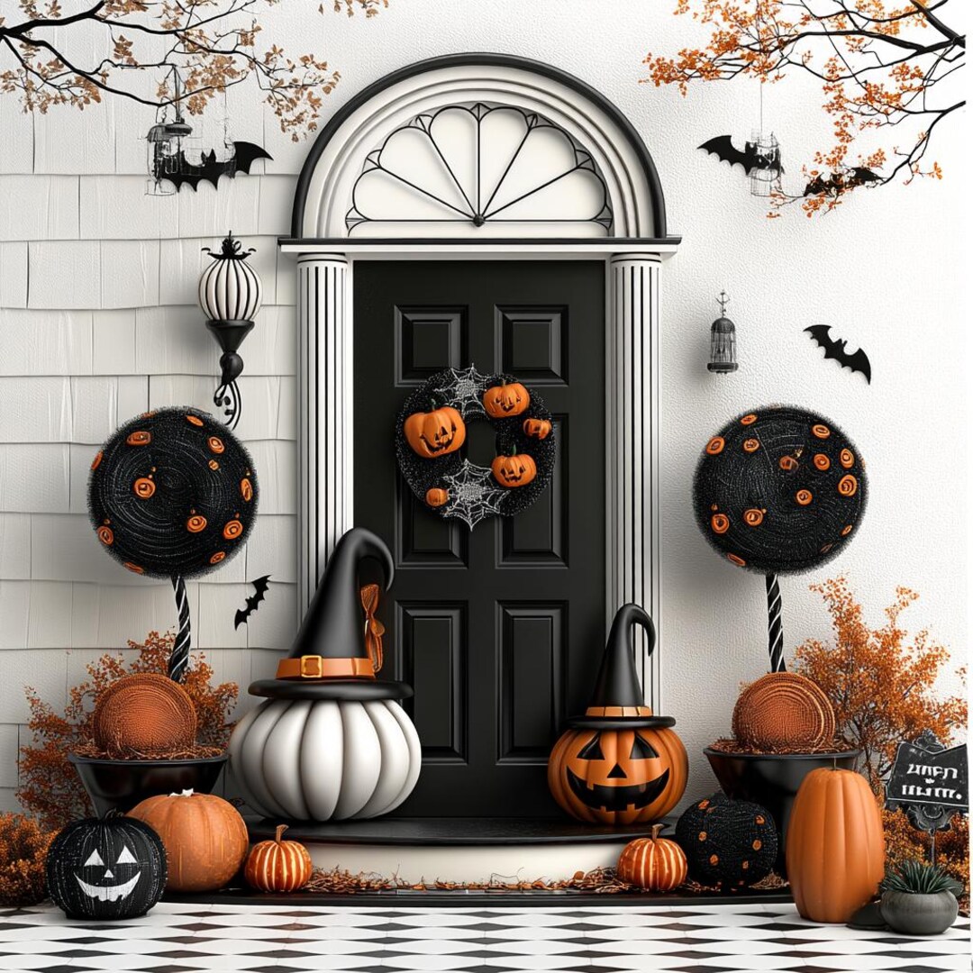 Haunted Porch, Spooky Door, Witch Pumpkins, Halloween Wreath, Black ...