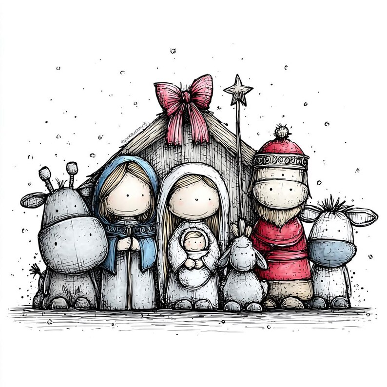 Whimsical Nativity Doodle Set, Hand-drawn Christmas PNG, Holy Family ...