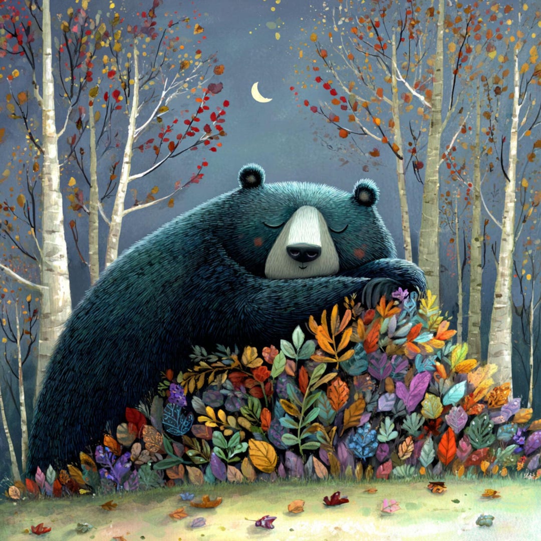 Sleepy Bear, Forest Bear, Autumn Bear, Cozy Animal Art, Nighttime Bear ...