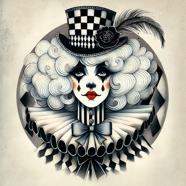 Velvet Pierrot, Vintage Clown, Harlequin Art, Circus Portrait, Black ...