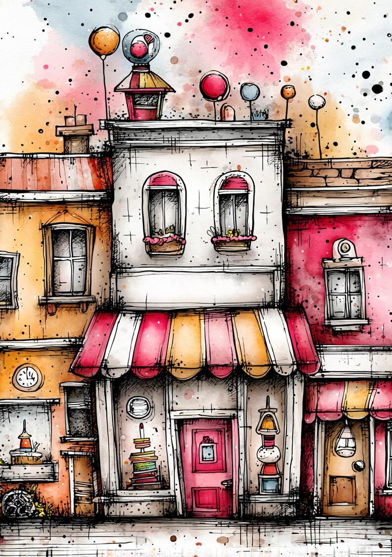 Candy Shop Art, Sweet Shop Art, Whimsical Town, Colorful Shops, Striped ...