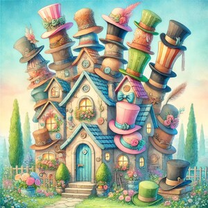Mad Hatters Mansion, Whimsical House, Top Hat House, Watercolor Art ...