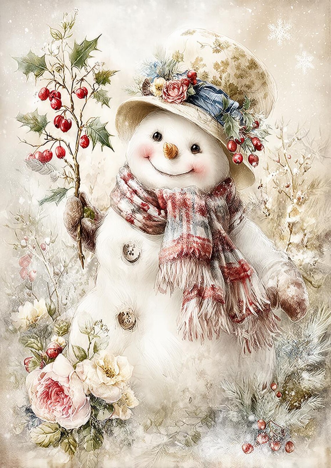 Frosty Holly Bloom – Vintage Snowman With Berries, Pink Scarf, Floral ...