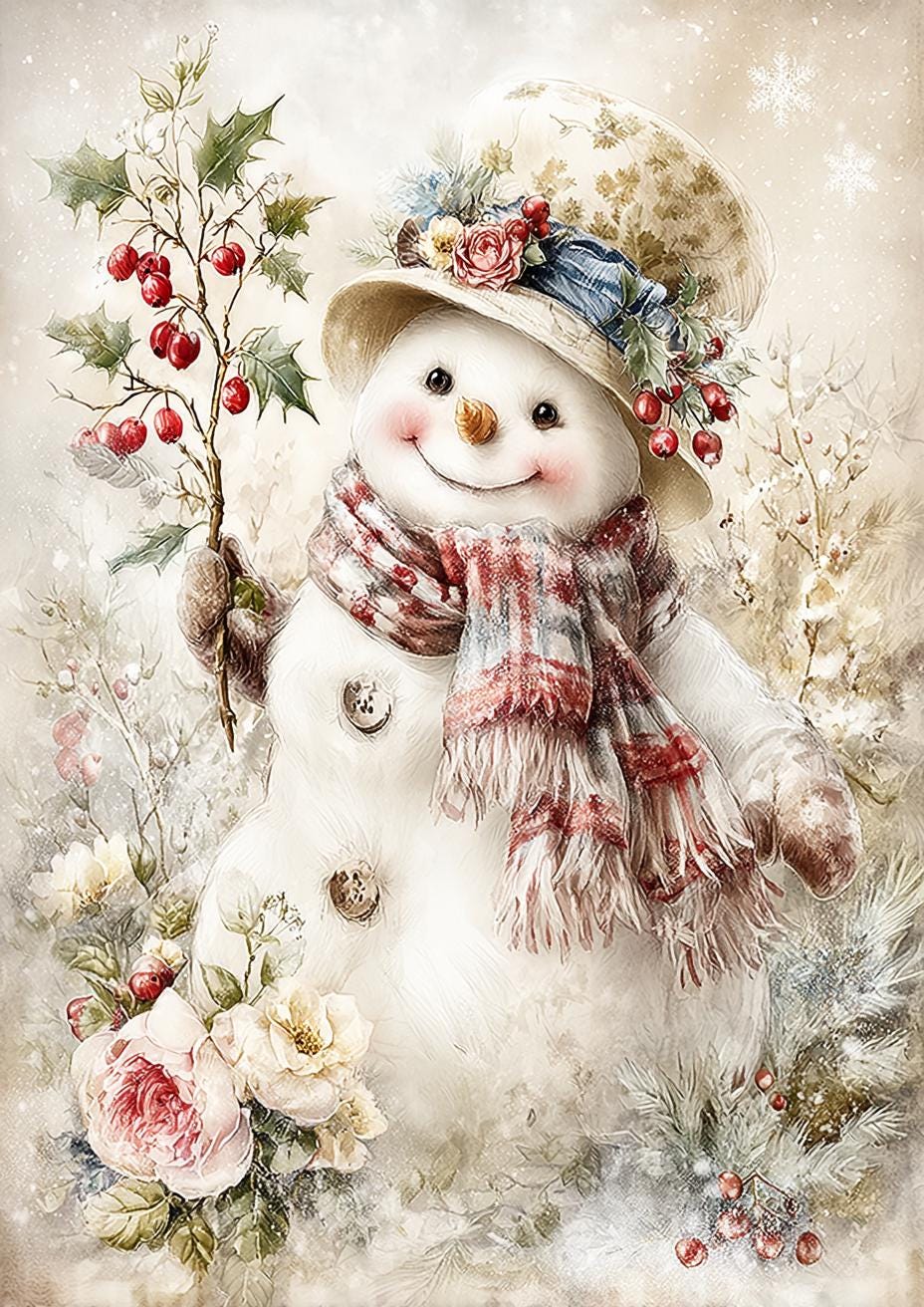 Frosty Holly Bloom – Vintage Snowman With Berries, Pink Scarf, Floral ...