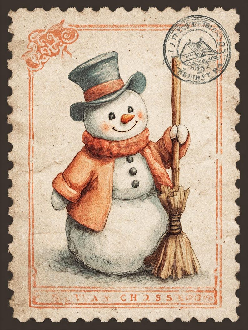 Vintage Snowman, Snowman Stamp, Winter Postage, Christmas Art, Festive ...
