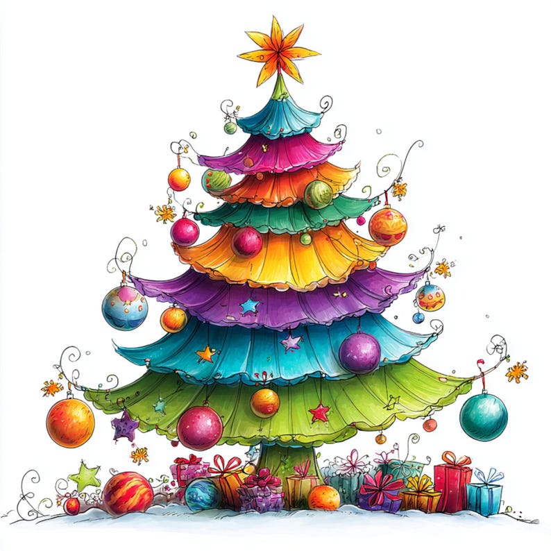 Rainbow Tree, Xmas Clipart, Bright Holiday, Color Tree Art, Festive ...