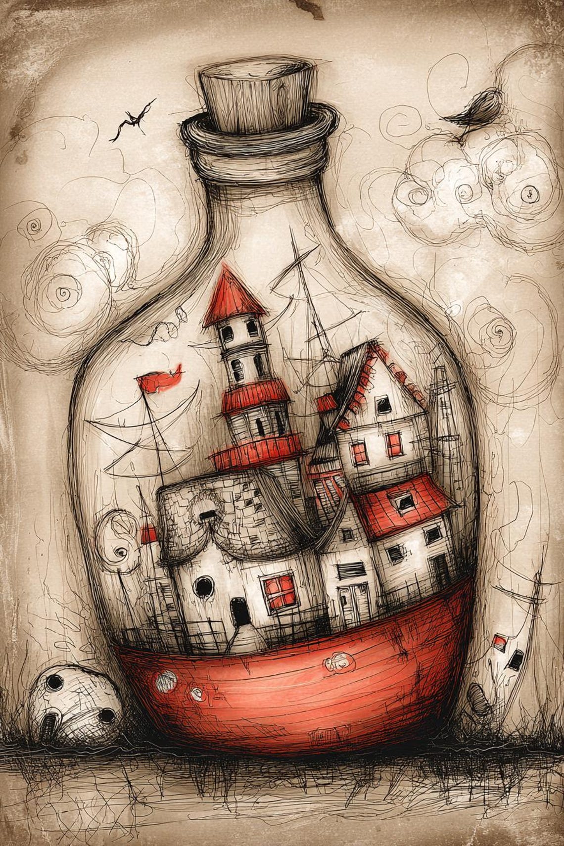 Gothic Ship, Spooky Boat, Eerie Voyage, Creepy Cute, Haunted Art, Red ...