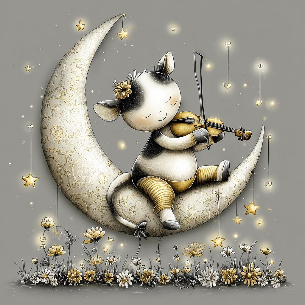 Hey Diddle Diddle Art Set, Whimsical Cow and Moon, Fairytale Night Sky ...