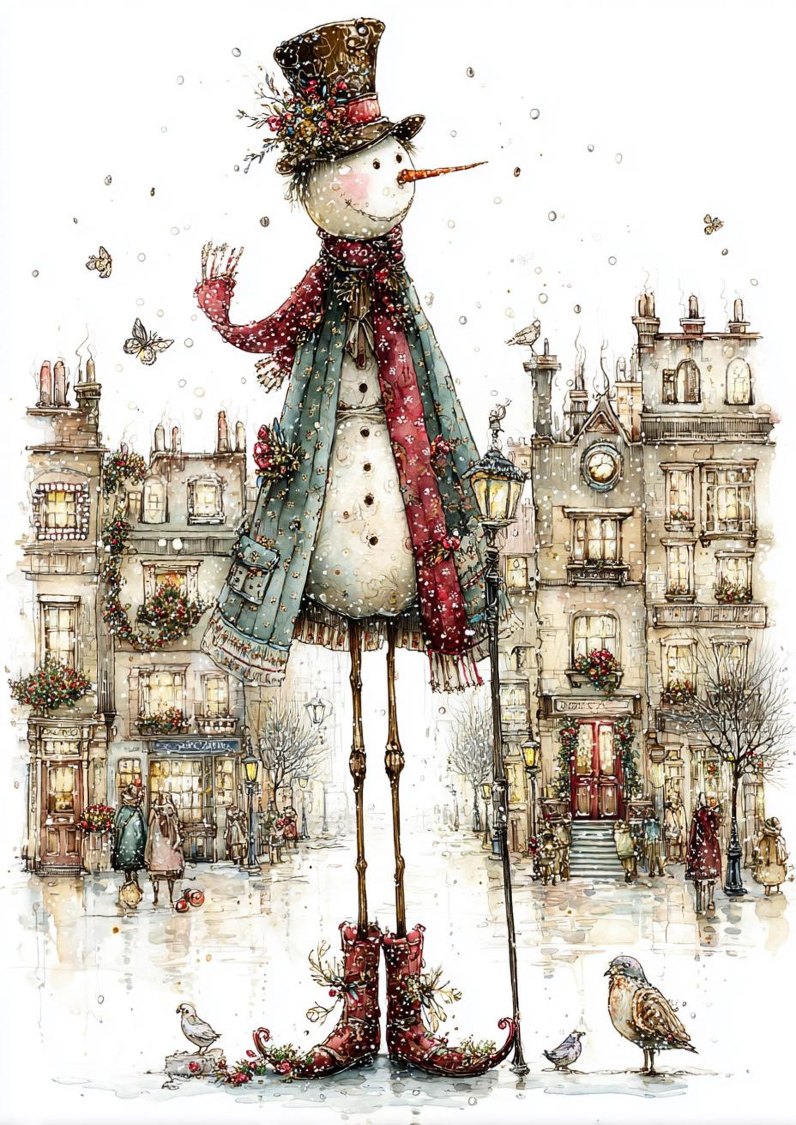 Snowman Art, Long Legs Snowman, Holiday Decor, Whimsical Snowman ...