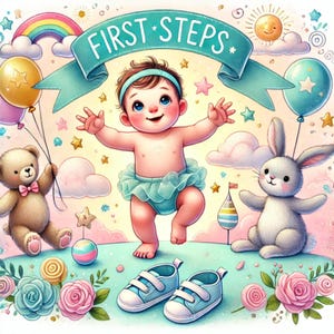My First Steps, Baby Steps, Joyful Moment, Pastel Art, Whimsical Scene ...