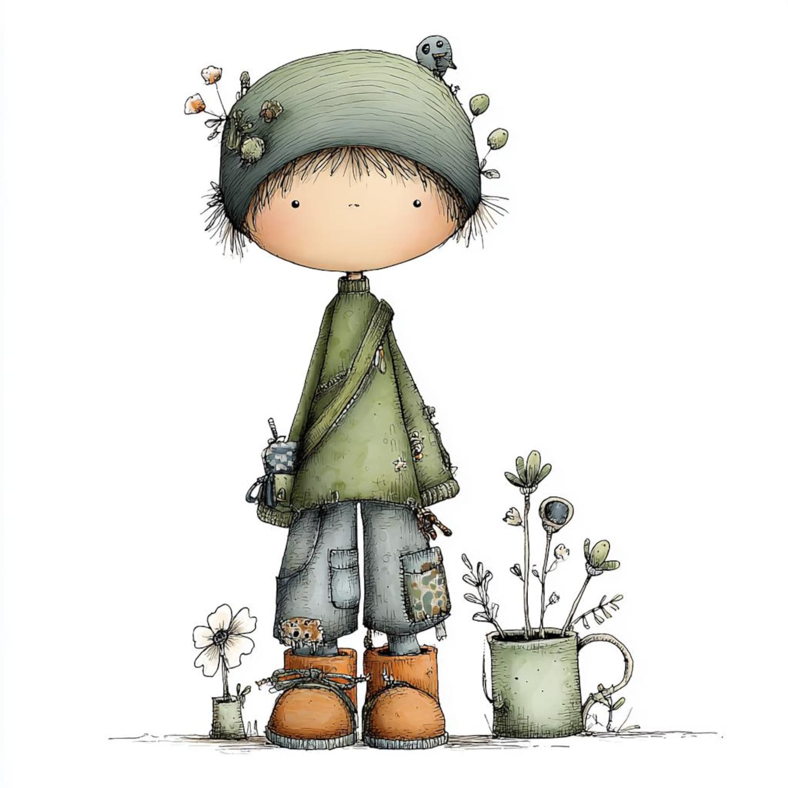 Whimsical Boy, Grunge Doll, Digital Stamp, Quirky Kid Art, Cute Boy ...