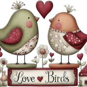 Whimsical Love Birds CLIPART, Folk Art Valentine Birds, Hand Painted ...