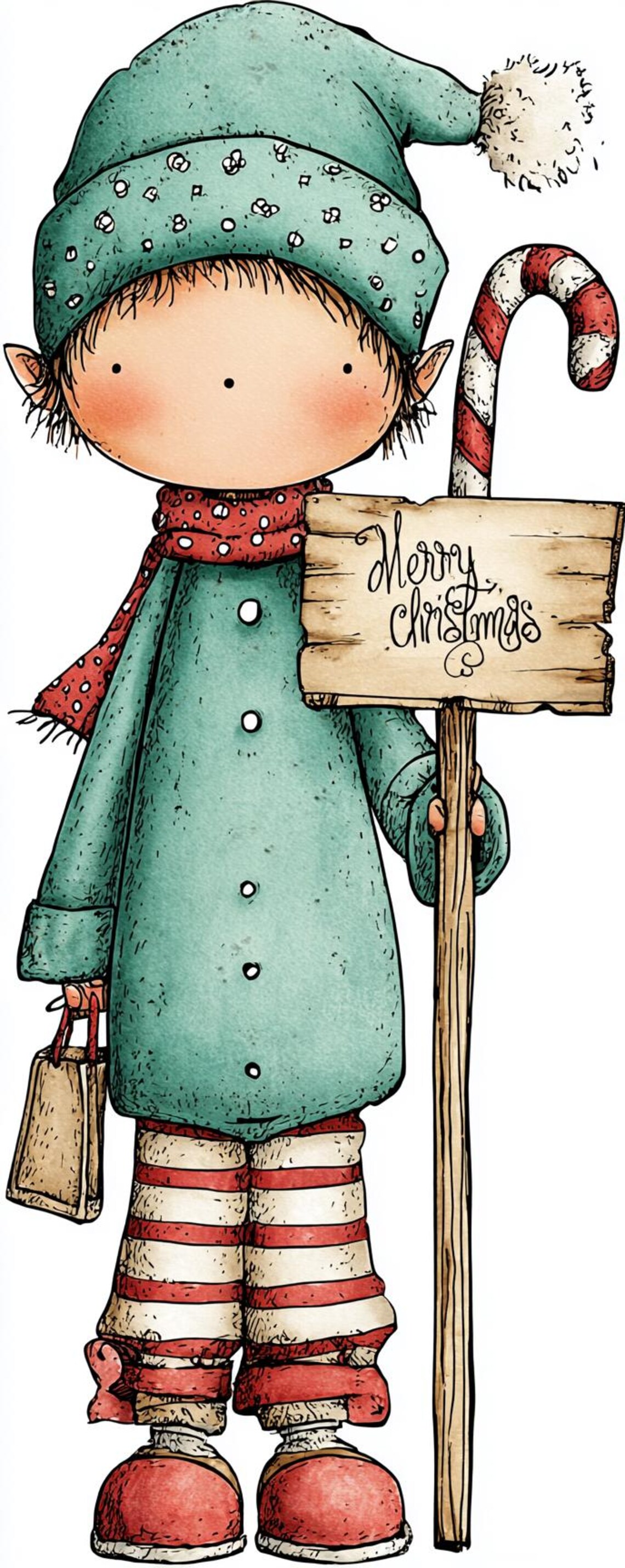 Peppermint Elf Clipart, Christmas Elf With Candy Cane and Sign ...