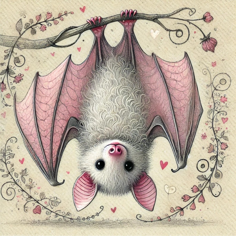 Bertie Bat, Cute Bat, Valentine Bat, Whimsical Bat, Love Bat, Forest ...