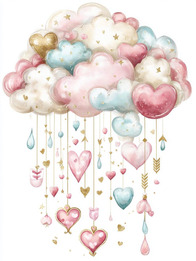 Love Clouds, Cute Heart Cloud Clipart, Pastel Pink and Blue Valentine ...