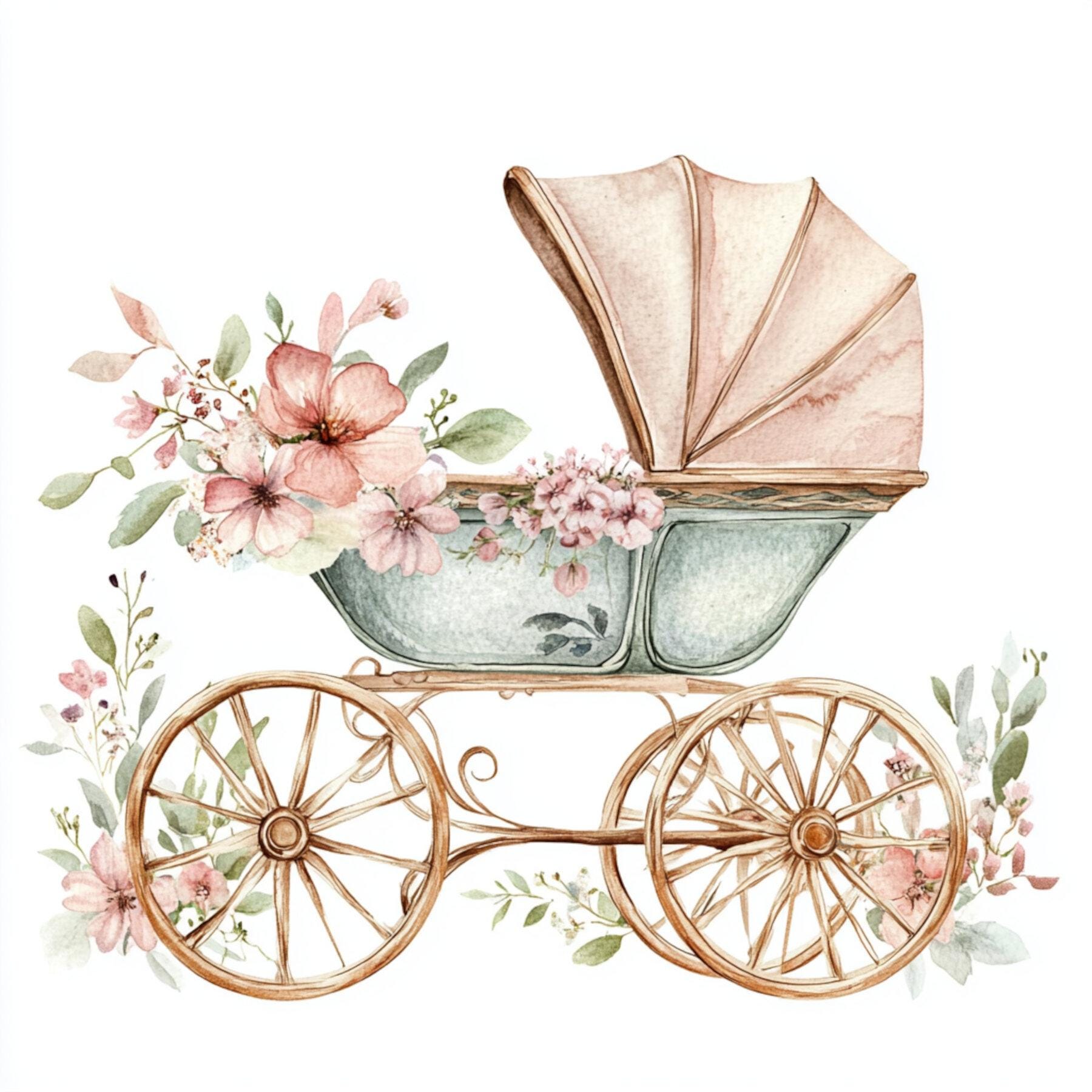 Floral Pram, Vintage Buggy, Baby Carriage, Girl Nursery Art, Antique ...
