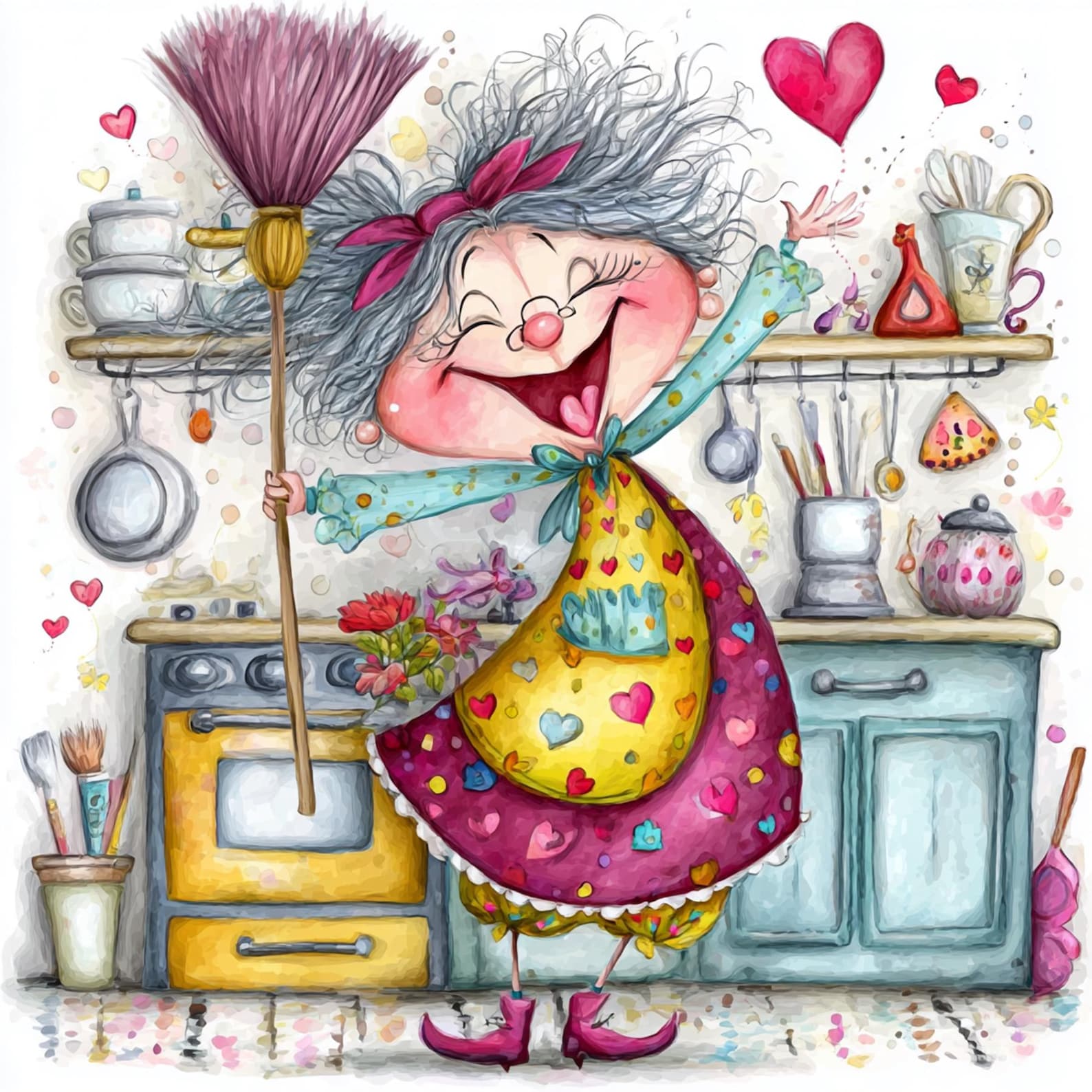 Funny Granny, Cleaning Lady, Kitchen Witch, Quirky Apron, Broom Dance ...