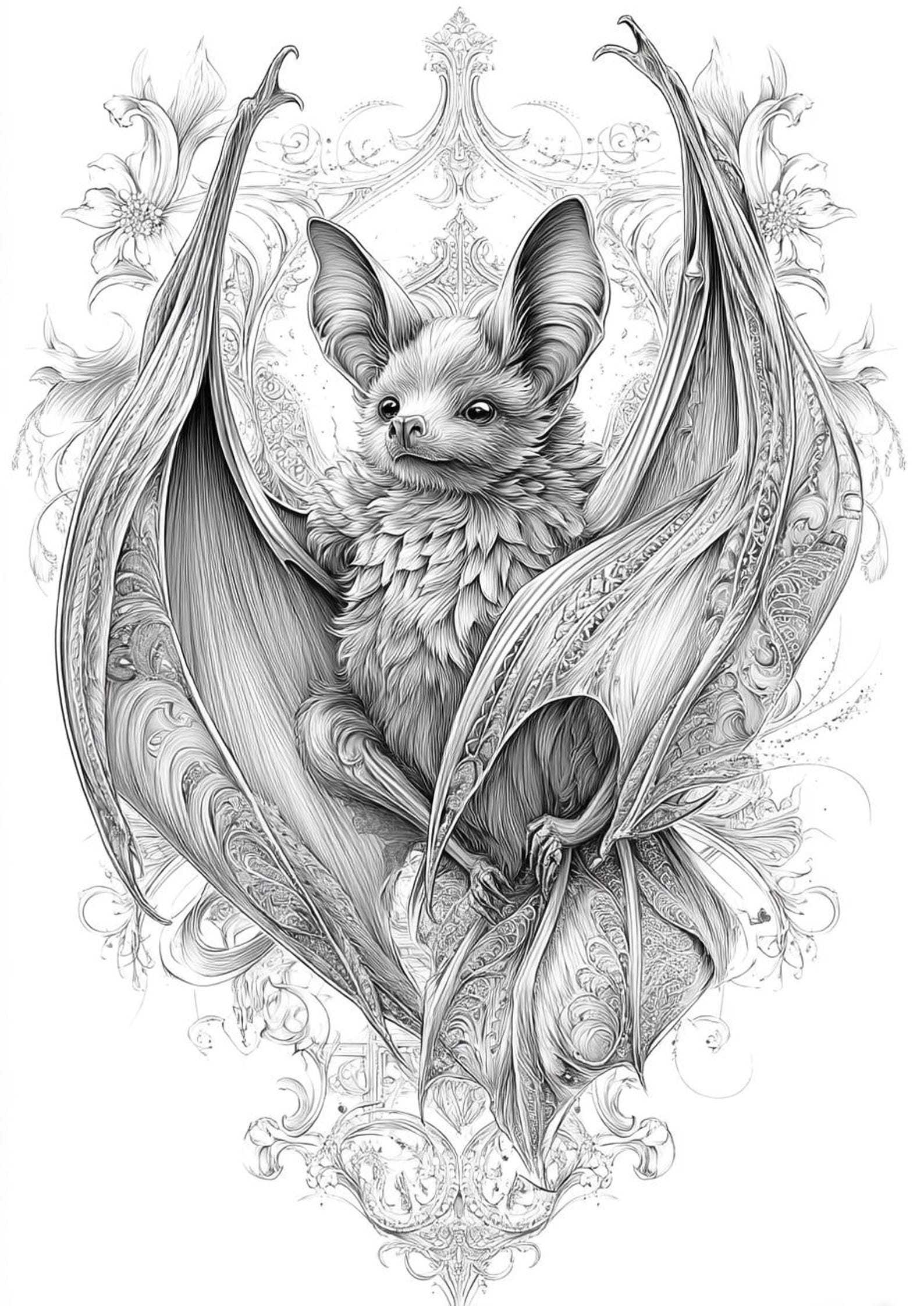 Baroque Batlings, Fantasy Bat Art, Bat Line Art, Gothic Bat Print ...