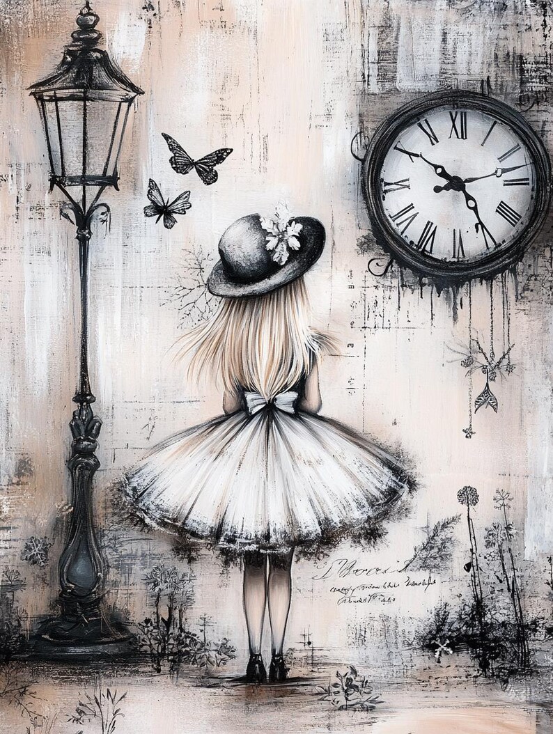 Vintage Clock, Girl Sketch, Butterfly Art, Dreamy Scene, Black White ...