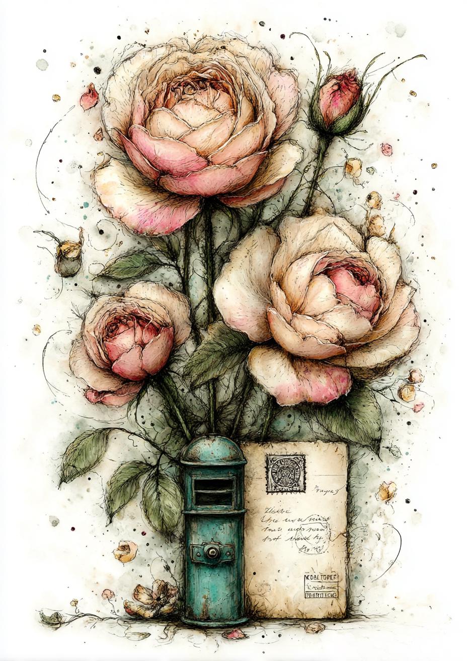 Rose Mail Clipart, Floral Letter Illustrations, Romantic Stamp Art ...