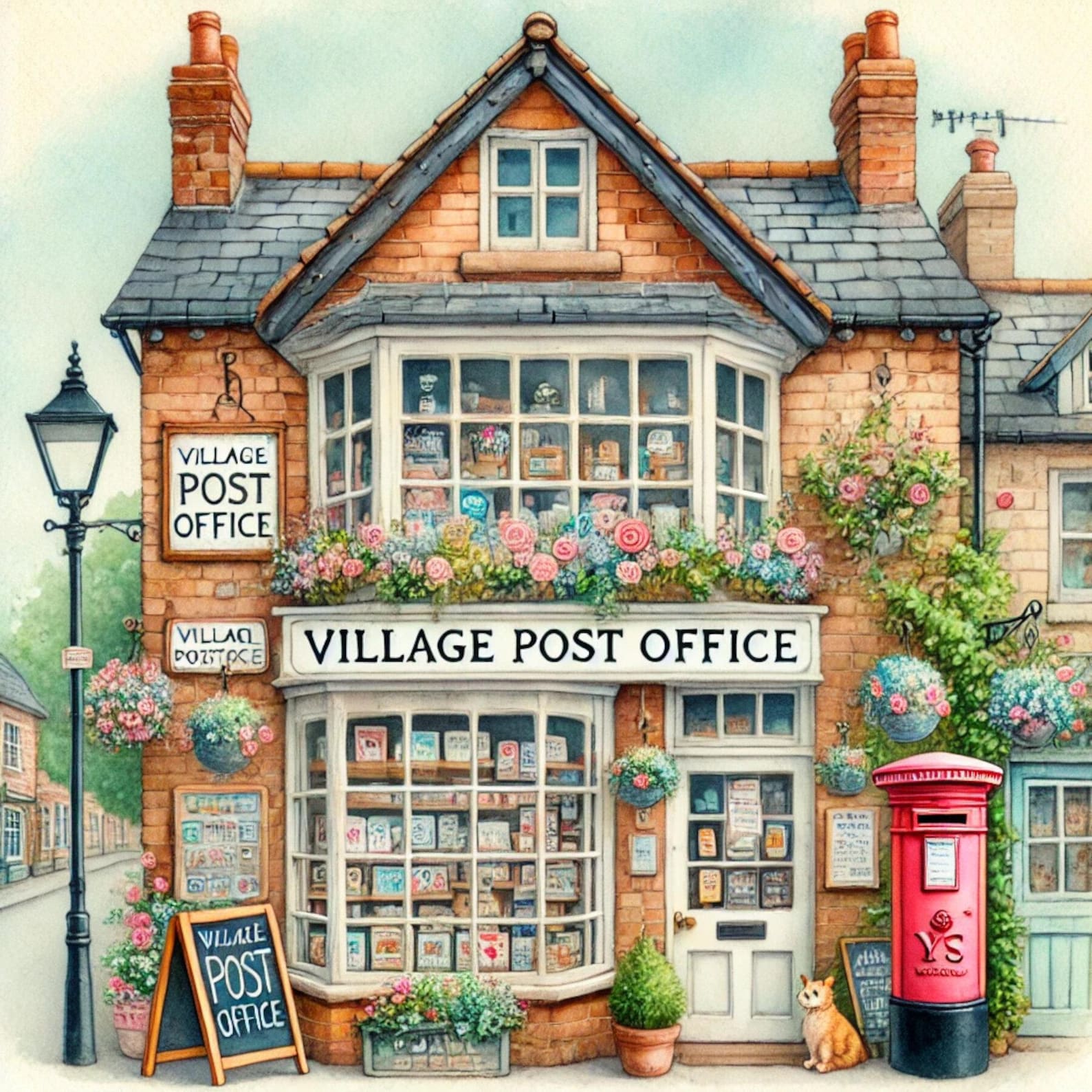 The Village Post Office, Watercolor Illustration, Charming Town Scene ...
